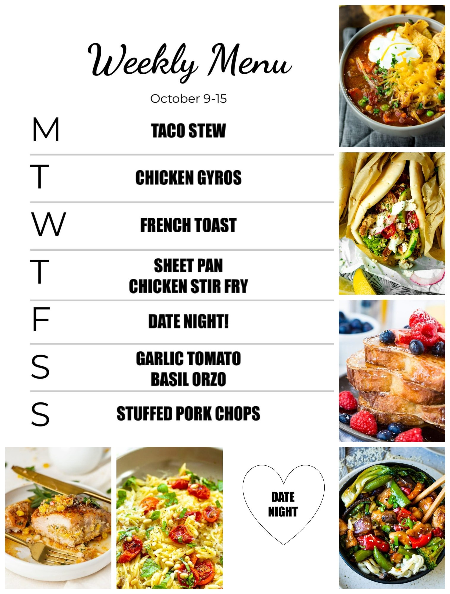 Weekly Menu Plan - Oct. 2 to Oct. 8