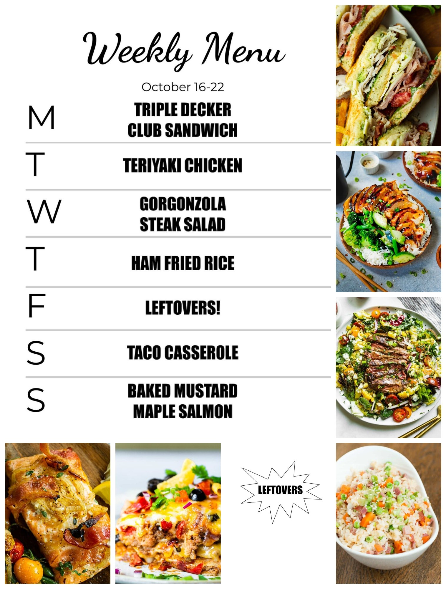 Weekly Menu Plan - Oct. 2 to Oct. 8