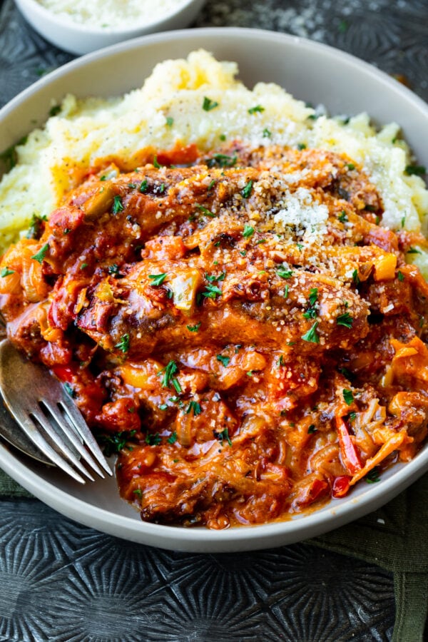 Creamy Sausage and Peppers Over Mashed Potatoes - Oh Sweet Basil