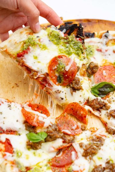 Pesto Pepperoni & Sausage Grilled Pizza - Oh Sweet Basil